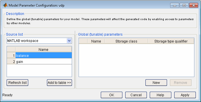 Model Parameter Configuration Dialog Box - MATLAB & Simulink